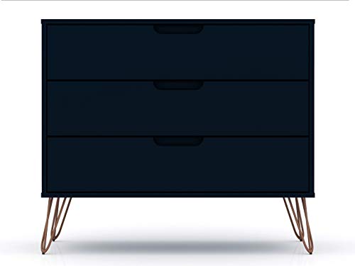Manhattan Comfort Rockefeller Mid-Century Modern 3 Drawer Bedroom Dresser, 17.52" L x 35.24" W x 30.82", Midnight Blue