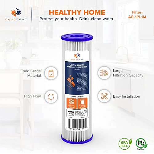 Aquaboon 1 Micron 10" x 2.5" Pleated Sediment Water Filter Cartridge | Universal Replacement for Any 10 inch RO Unit | Compatible with R50, 801-50, WFPFC3002, WB-50W, SPC-25-1050, WHKF-WHPL, 6-Pack