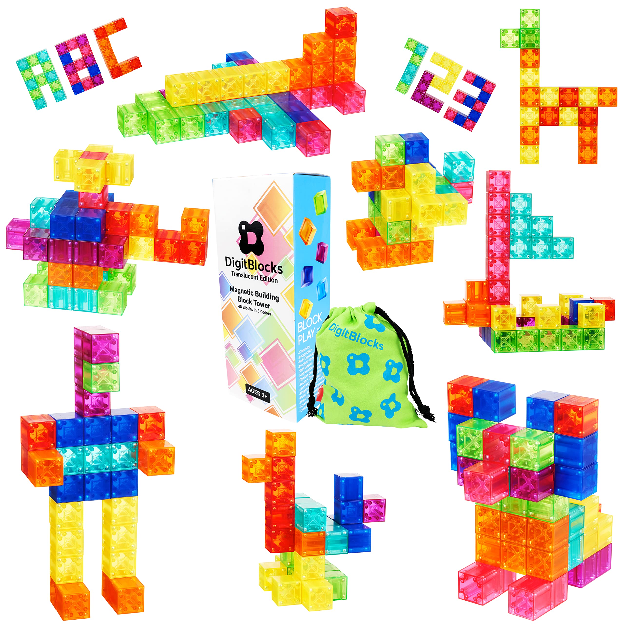 BrainSpark 48PCS Digit Blocks Translucent Magnetic Building Blocks, Montessori Clear Magnet Cubes for Boys Girls Stacking Block Sets Ages 3-9