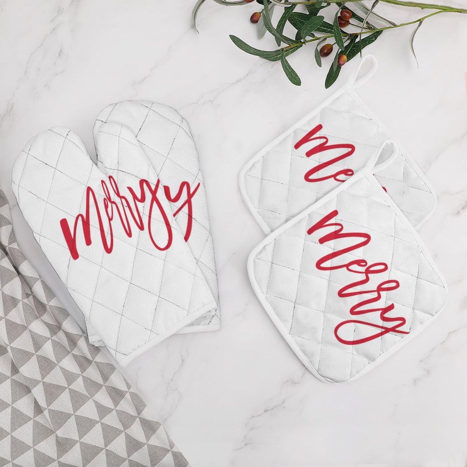 4PCS Oven Mitts and Pot Holders Sets, Merry Modern Red Holiday Christmas Oven Mitts Set Heat Resistant Kitchen Microwave Gloves Safe for Baking,Cooking, BBQ