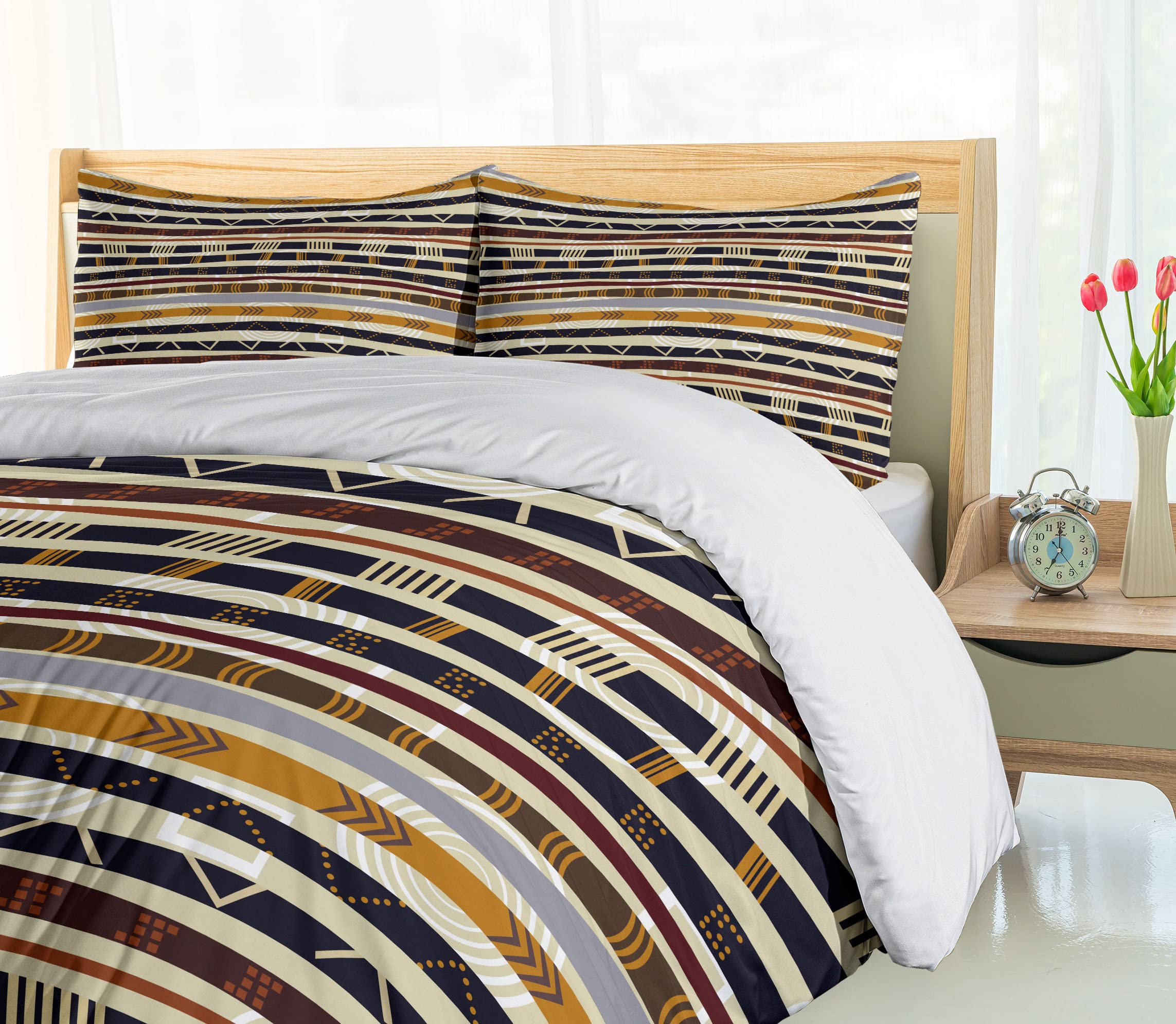 Ambesonne Abstract Duvet Cover Set, Ethnic Style Geometric Forms Striped Pattern on Bold Earth Tones Print, Decorative 3 Piece Bedding Set with 2 Pillow Shams, King Size, Orange Cream