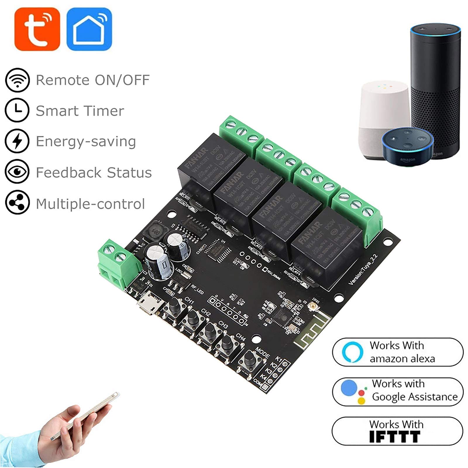 4-Channel WiFi Wireless-Relay Switch Module - Smart Momentary Inching Controller,DC 7-32V DIY Remote Control Garage Door,Compatible with Alexa Echo Google Home IFTTT