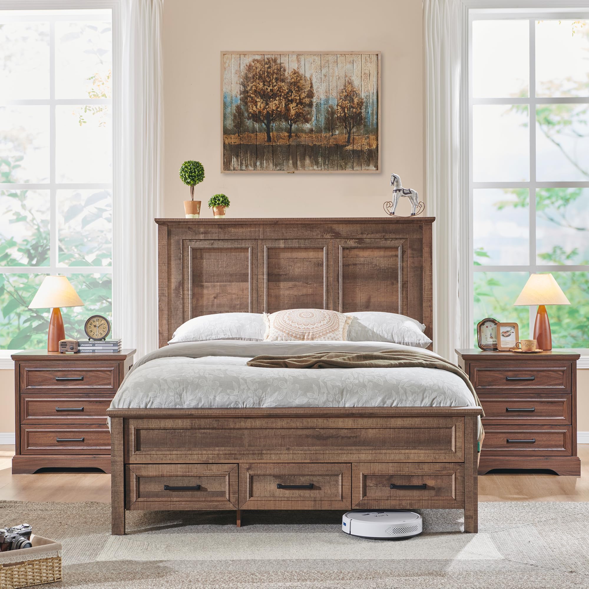 ACCOHOHO Farmhouse Full Size Bed Frame with 52" Tall Full-Panel Headboard, Wood Platform Bedframe with Footboard and Storage Drawers, No Squeak, No Box Spring Needed, Brown