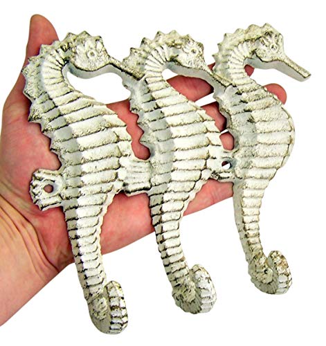 Large Rustic White Cast Iron Sea Horse Wall Hooks, 8 3/4 Inch