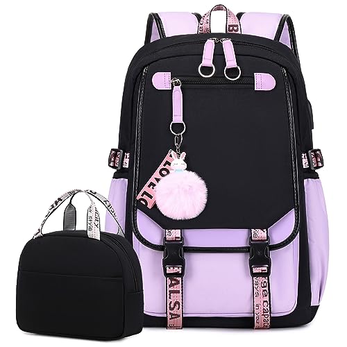 Bevalsa School Backpack for Girls, Girls Backpack with Lunch Box, Bookbag for Girls Kids Elementary Middle High School College Student 21L Casual Daypack Children Schoolbag with USB Charging Port (Purple)