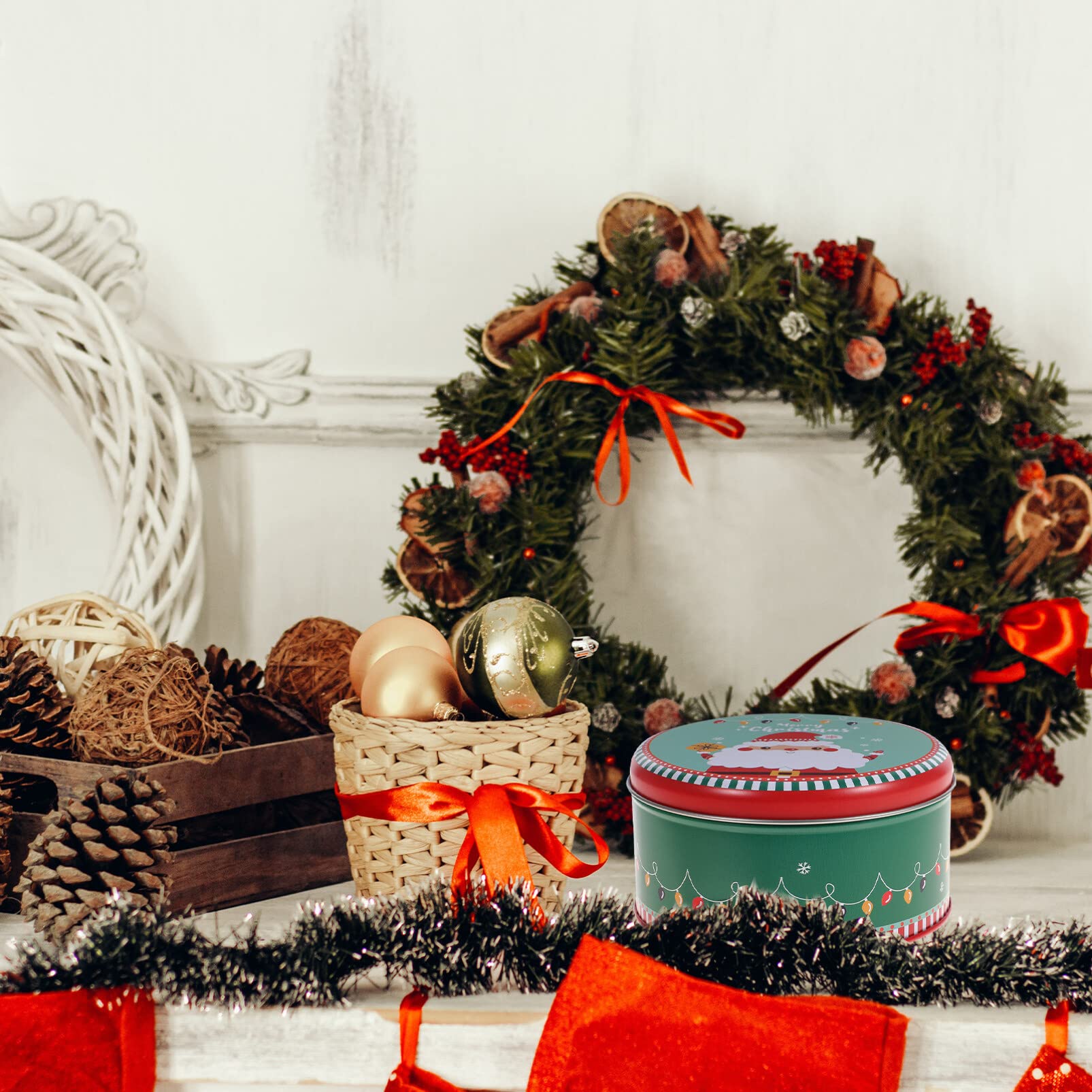 4pcs Round Christmas Cookie Tins- Metal Cookie Tins with Lids for Giving- Decorative Christmas Storage Containers for Storing Candies Biscuits Treat Small and More