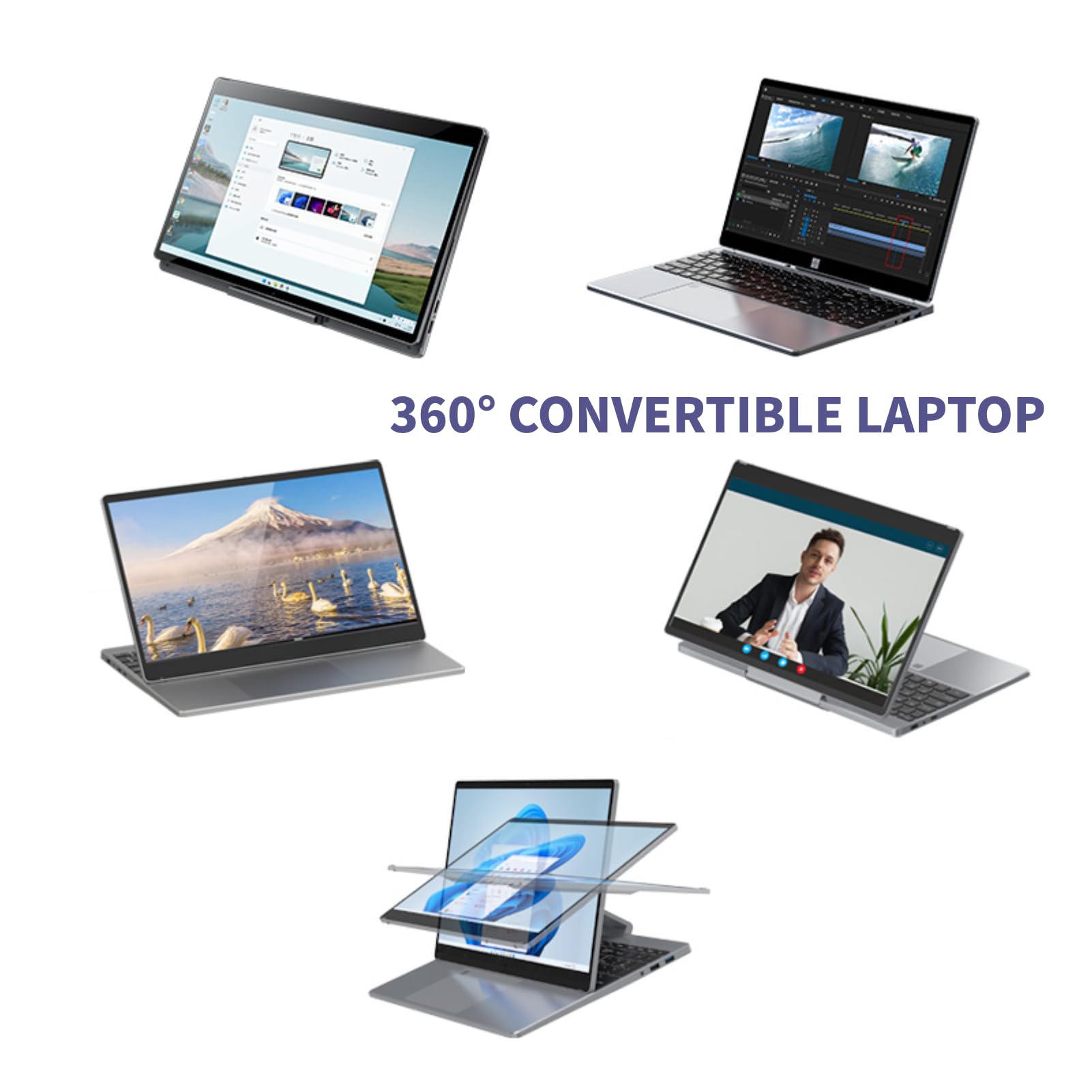 Acogedor 15.6 Inch HD 2 in 1 Touchscreen Convertible Laptop, 360 Degree Flip Convertible Home & Education Laptop with N95 Processor, 12GB DDR5 + 1TB SSD, Fingerprint Unlock, Multiple Folding Form