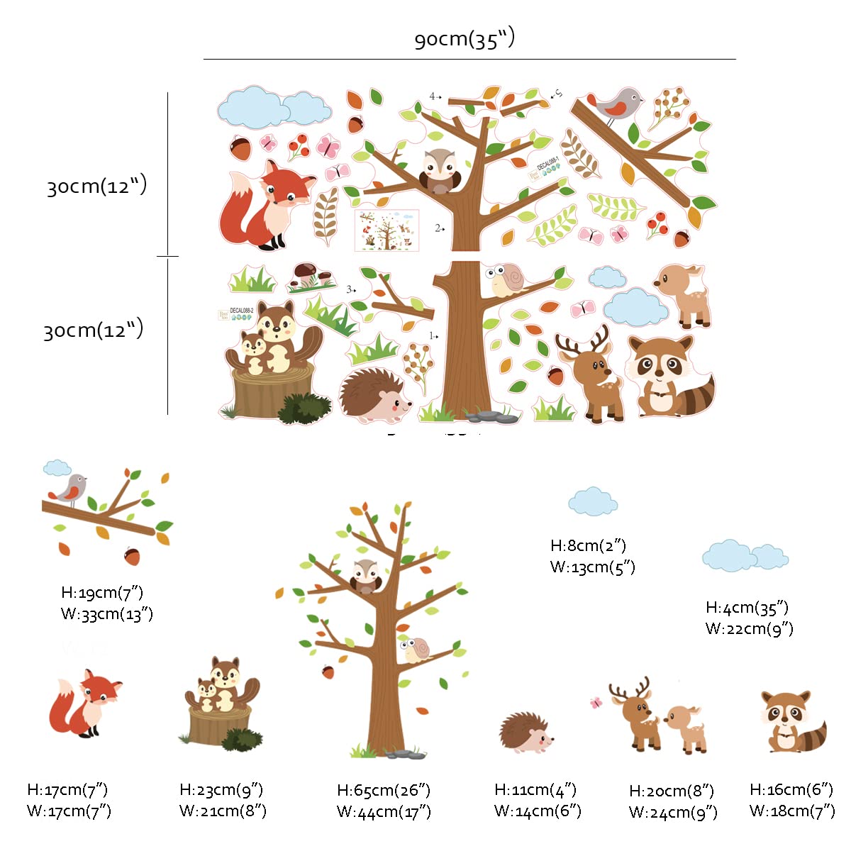 Runtoo Forest Animals Tree Wall Decals for Kids Fox Squirrel Deer Door Wall Stickers Girls Bedroom Baby Nursery Wall Decor