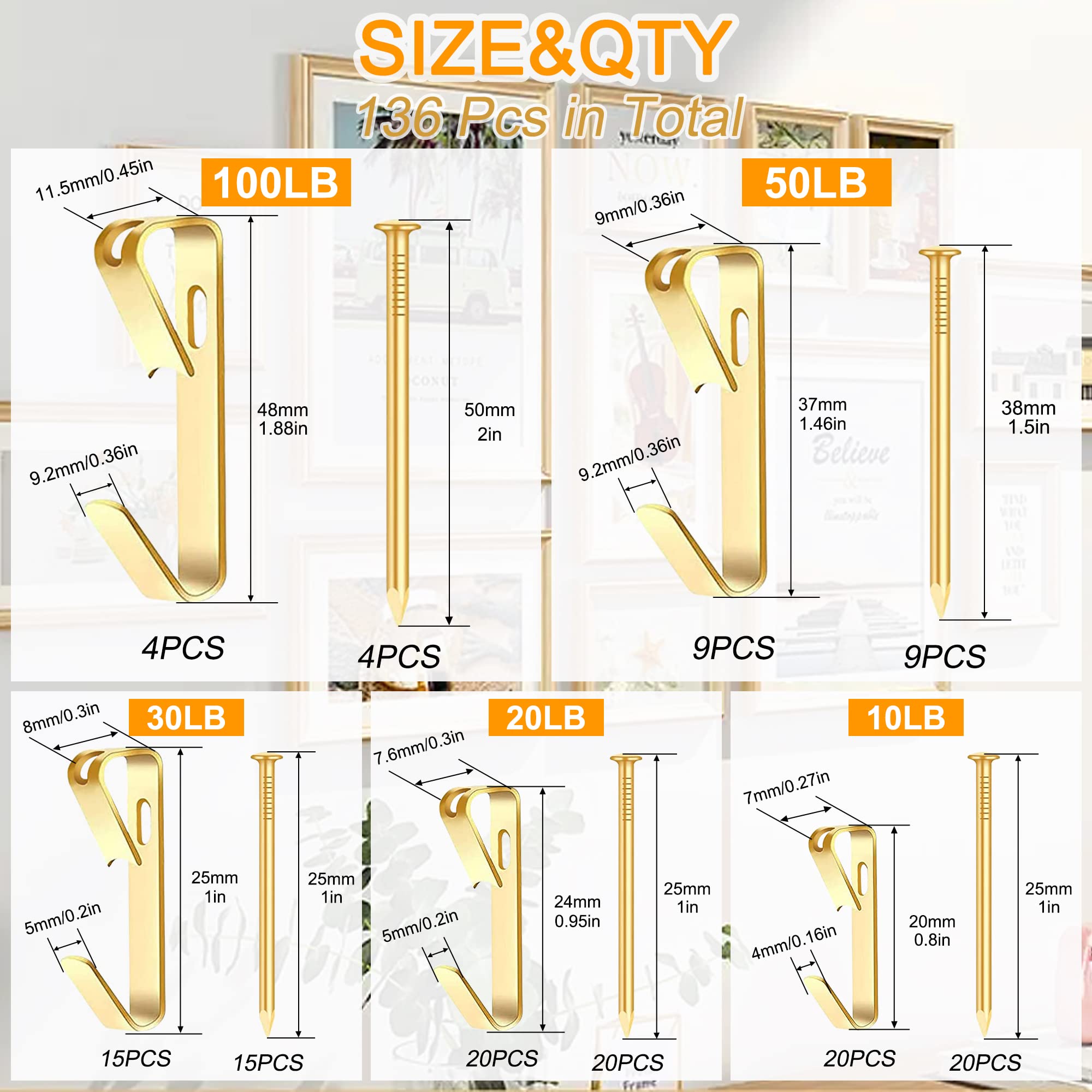 Picture Hanging Kit, 136 Pcs 5 Sizes Picture Hangers Hook Kit Including 10/20/30/50/100 LB, Heavy Duty Hangers Hardware kit with Nails for Picture Frame, Canvas, Mirror Hanging Decoration