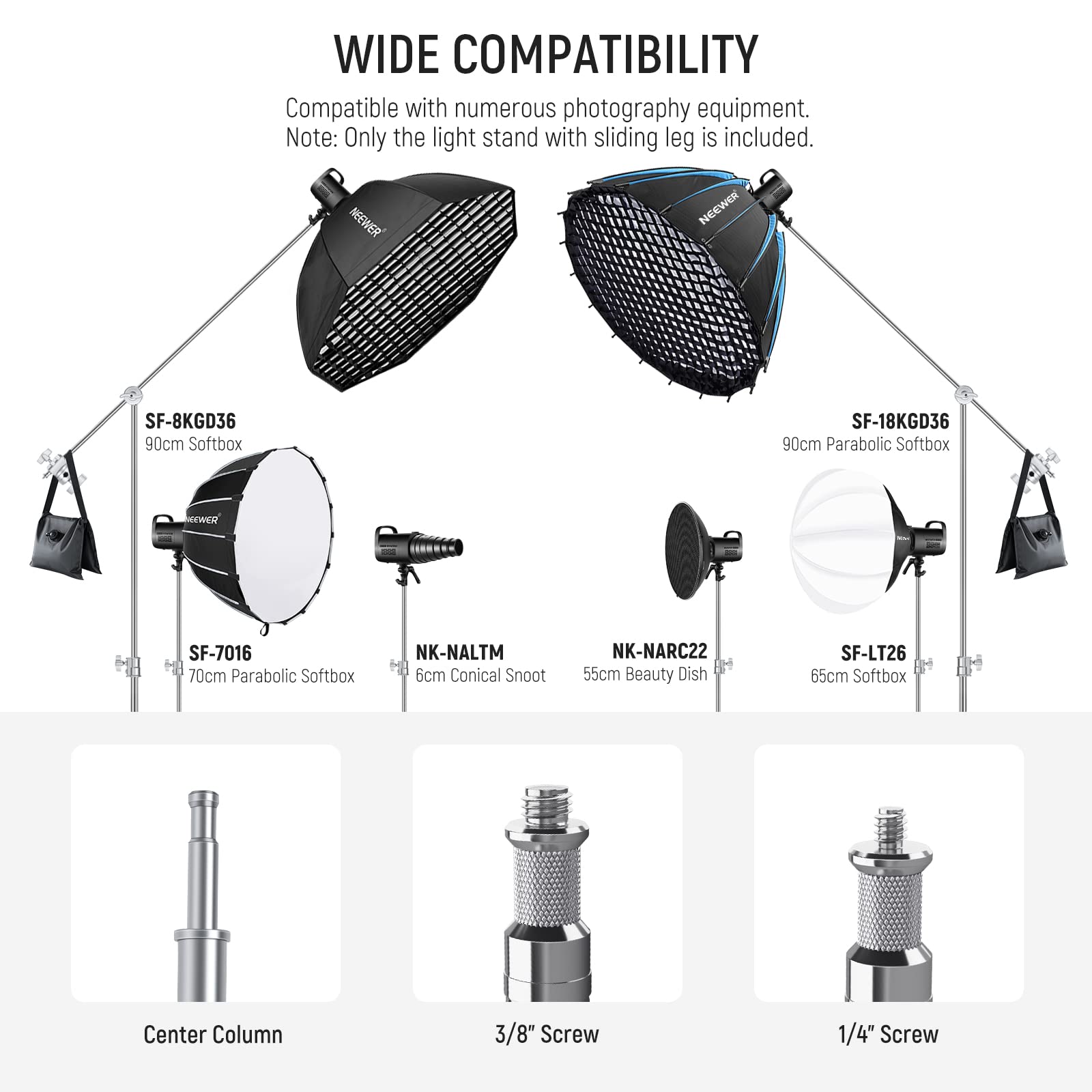 NEEWER C Stand with Boom Arm & Sliding Legs, Pro 100% Stainless Steel Stand Max Height 10.13ft/309cm with 3.9ft/120cm Arm & 2 Grip Heads for Photography Umbrellas, Reflectors, Softboxes and Monolights