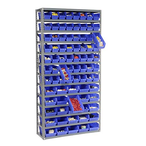 Global Industrial 13 Shelf Steel Shelving with (81) 4" H Plastic Shelf Bins, Blue, 36x12x72