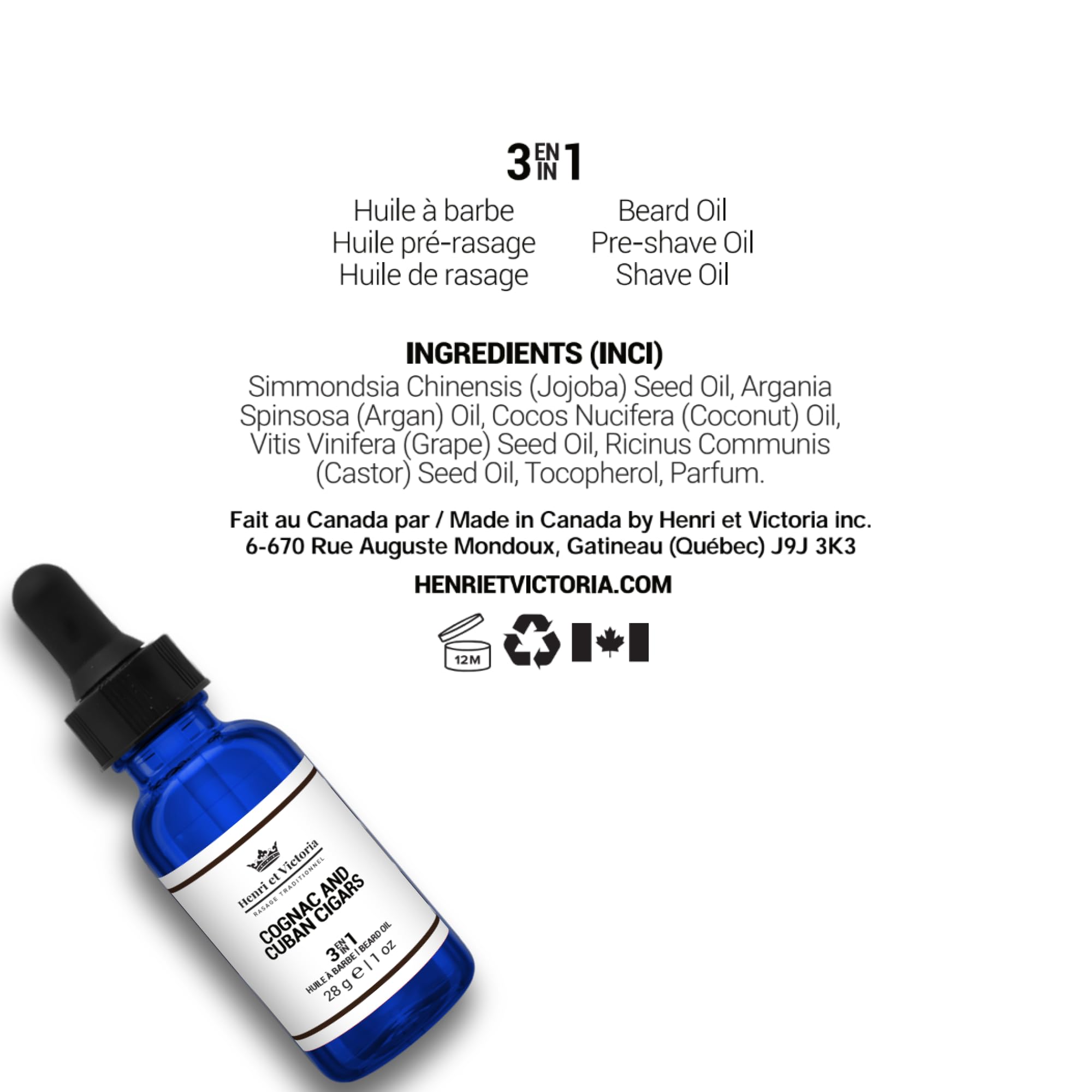 HENRI ET VICTORIA Beard Oil Cognac and Cuban Cigars Fragrance | Canadian Made by Skilled Artisan | Moisturizing, Non-Greasy, Natural Ingredients | 28g (1oz)
