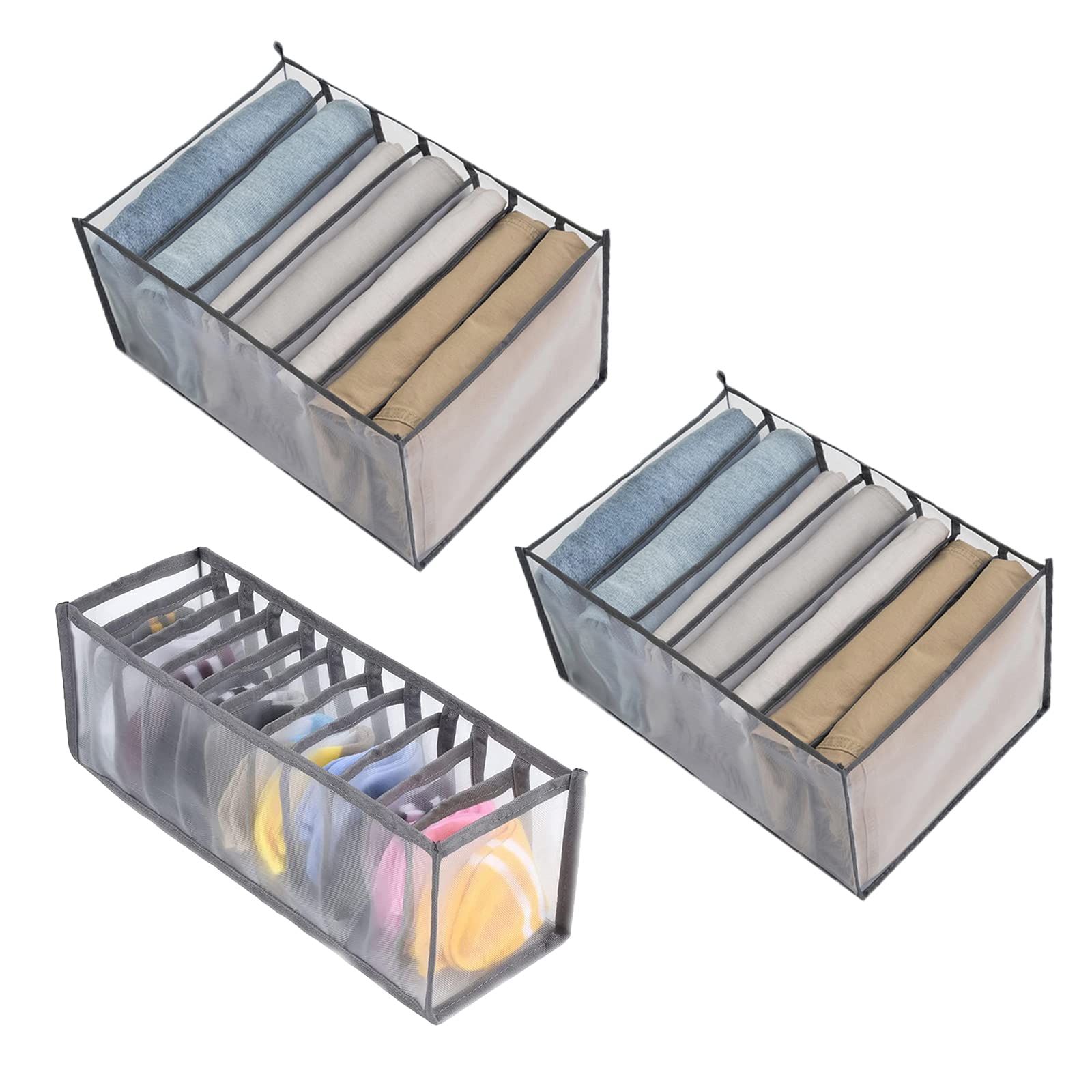 DOUBLE 2 C 3 Pcs Washable Wardrobe Clothes Organizers, 7 Grids Foldable Visible Closet Organizer, Mesh Drawer Separation Storage Box for Jeans, Legging, T-shirt, Baby Kids Clothes