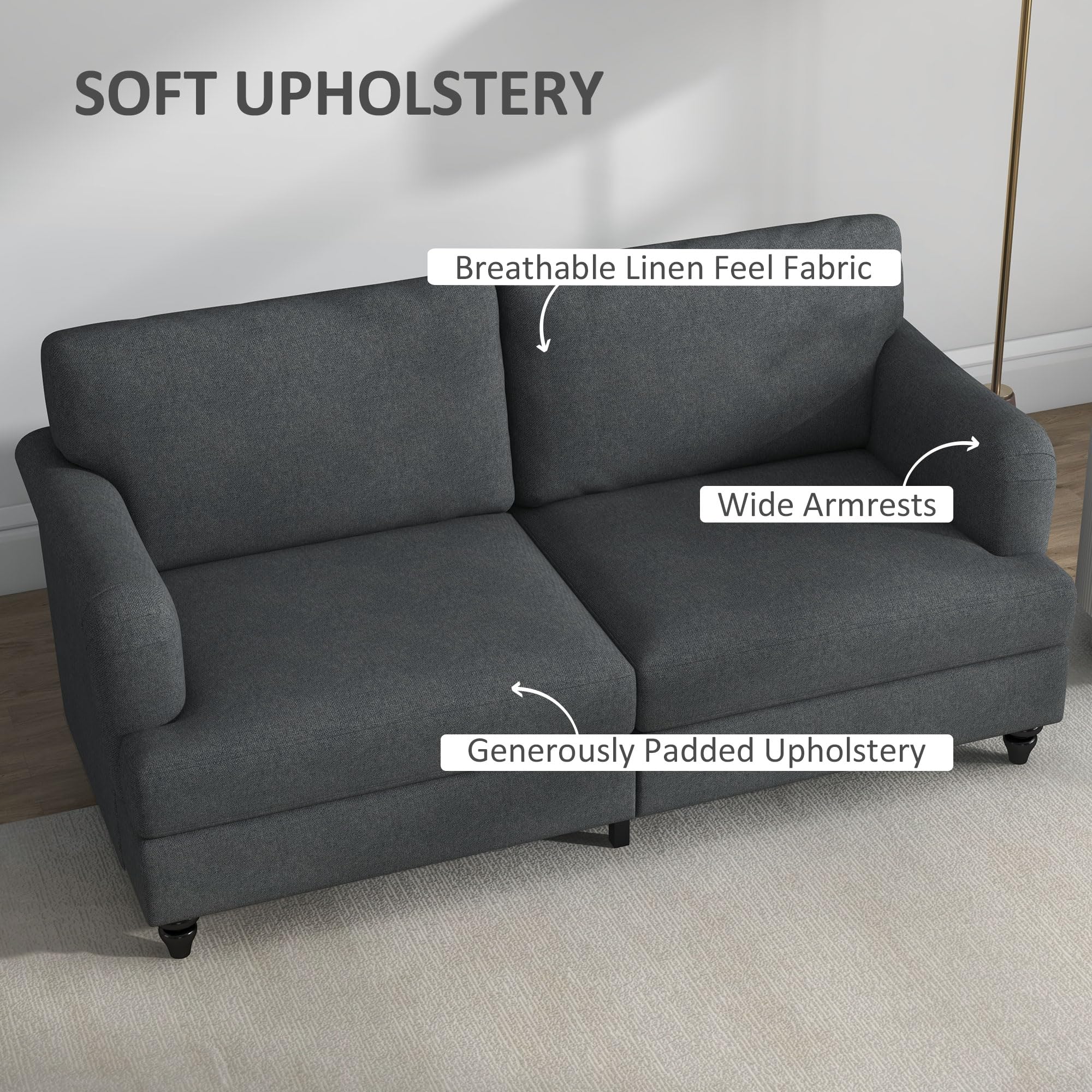 HOMCOM Modern 3-Seater Sofa for Bedroom, 71" Linen Fabric Couch with Slatted Frame and Rubber Wood Legs, Dark Gray