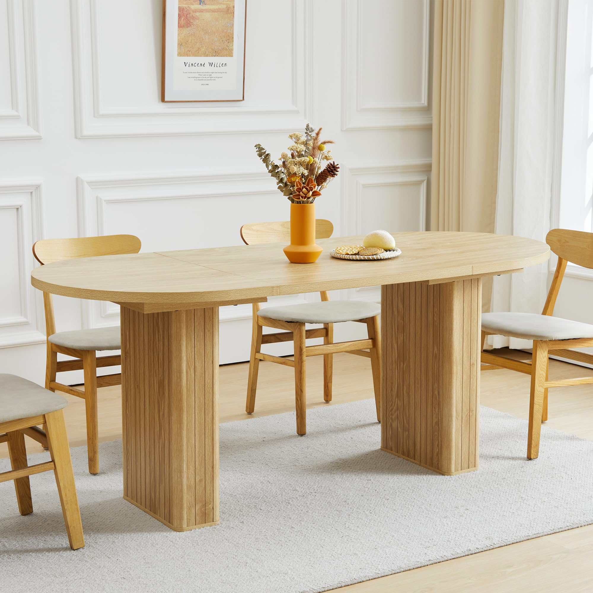 70.8 Inch Kitchen Dining Table for 6-8 People, Oval Kitchen Table with Wood Strip Base, Modern Farmhouse Large Round Dining Room Tables for Kitchen Living Room (Natural)