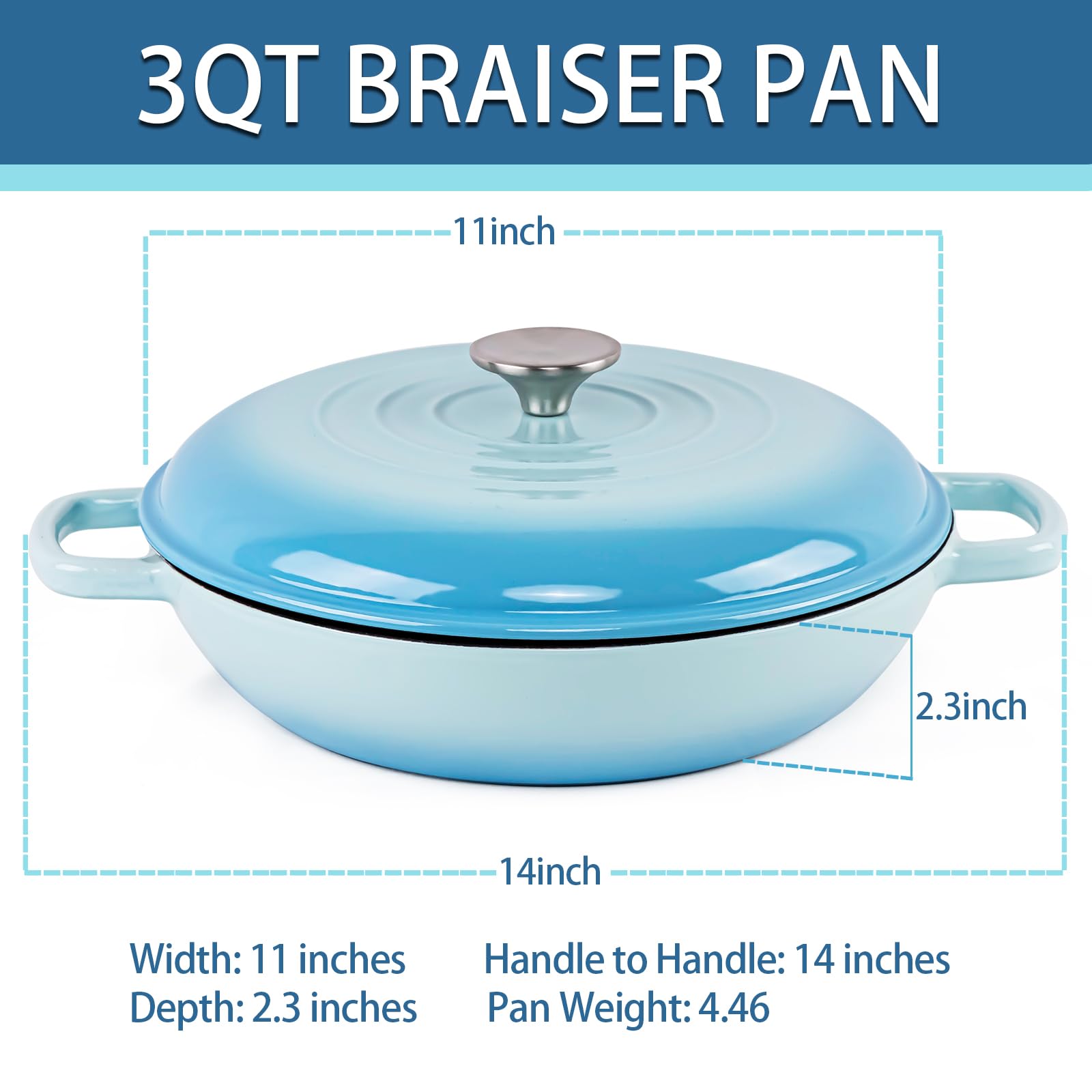 HUNZSIM Enameled Cast Iron Dutch Oven,3 Quart Dutch Oven Pot with Lid, Round Dutch Oven Cast Iron Pot with Non Stick Enamel Coating for Bread Baking, Gradient Blue Dutch Oven for Kitchen