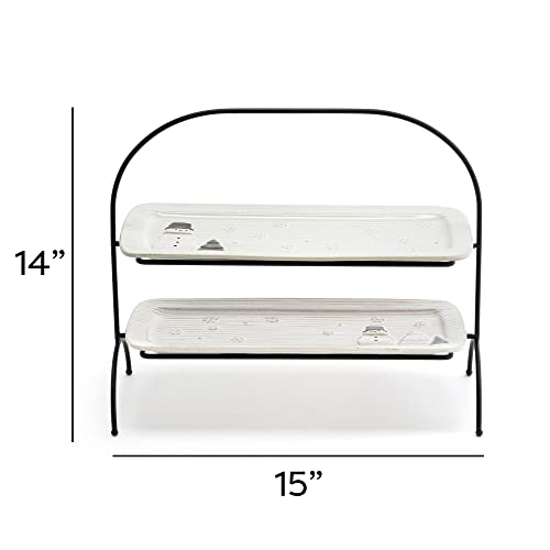 DEMDACO Snow Day Classic White and Black Stoneware and Iron 2-Tier Christmas Serving Tray