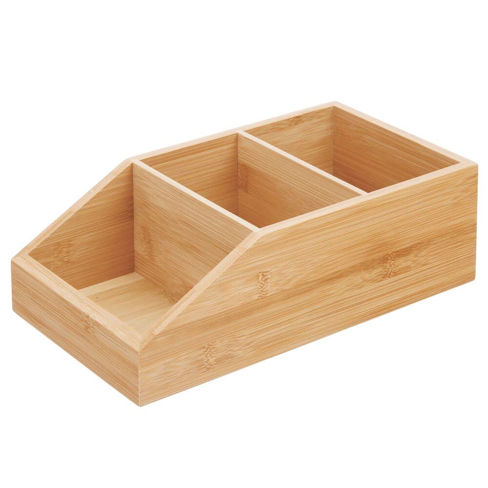 mDesign Bamboo Wood Food Storage Bin with Divided 3 Compartments and Sloped Front for Kitchen Cabinet, Pantry, Shelf to Organize Seasoning Packets, Powder Mixes, Spices, Snacks - 2 Pack - Natural