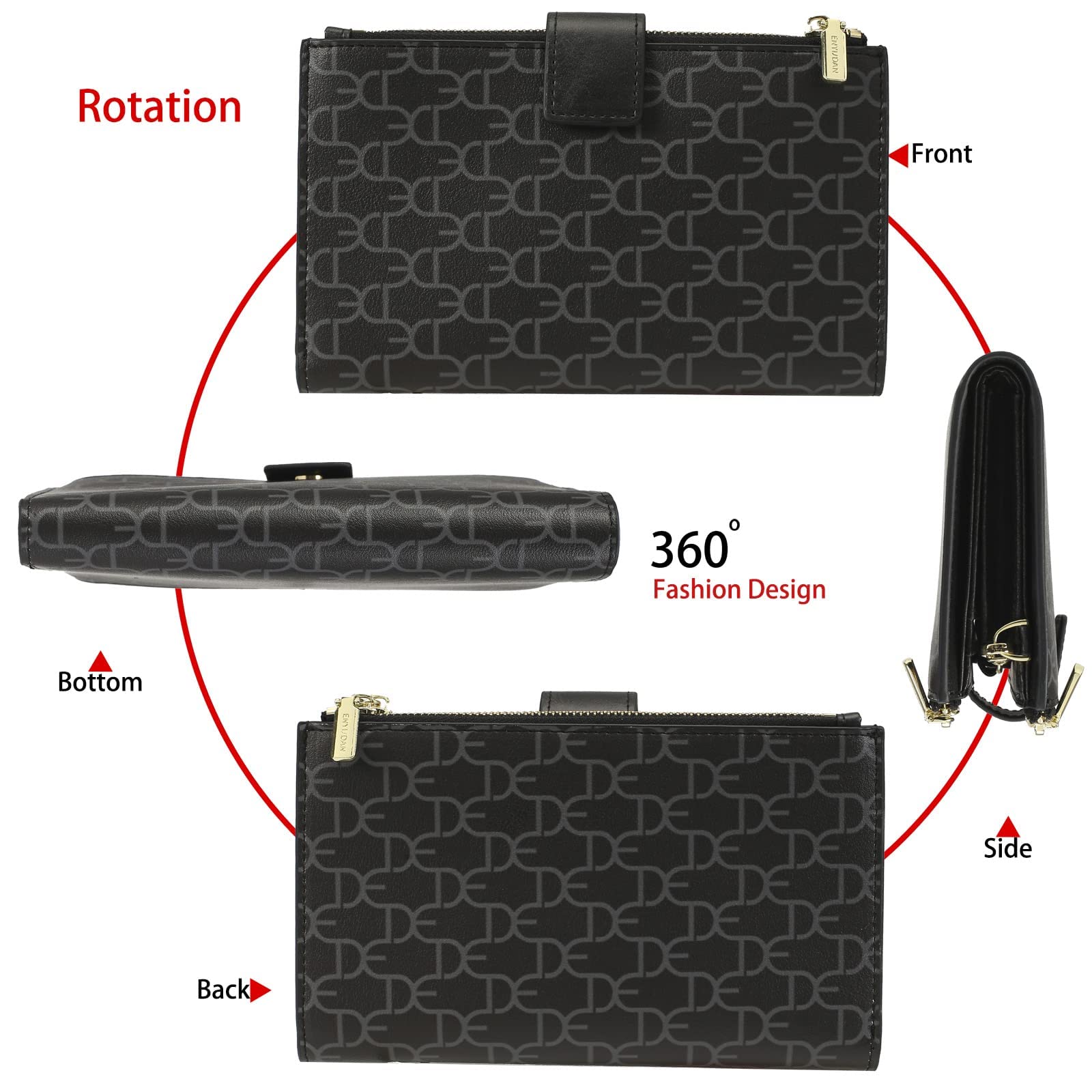 ENYISDAN Women Wristlet Clutch Wallet Long RFID Blocking Leather Wallet Multi Card Zipper Wallet with Credit Card Case Zipper Pocket Holder (black background/gray and white letters)