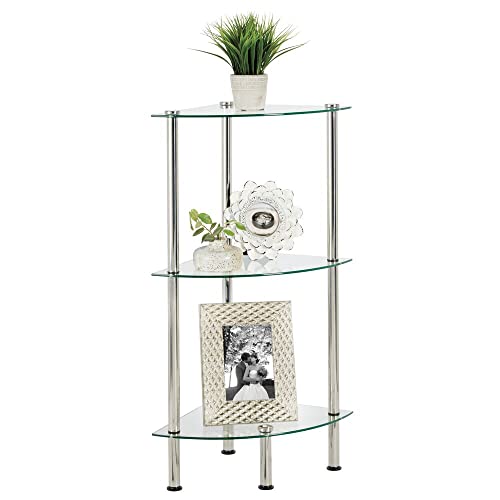 mDesign Bathroom Floor Storage Corner Tower, 3 Tier Open Glass Shelves - Compact Shelving Display Unit - Multi-Use Home Organizer for Bath, Office, Bedroom, Living Room - Clear/Chrome Metal