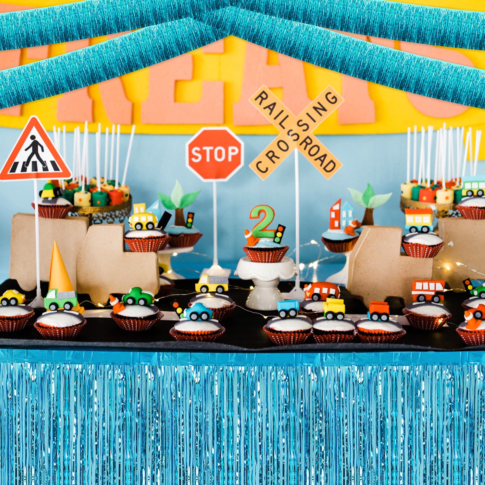 4P Metallic Foil Fringe Banner Tinsel Table Skirts for Rectangle Tables Backdrop Tinsel Banner Garland Curtains for Parade Floats Wedding Graduation Anniversary Birthday Parties Decoration (Lake Blue)