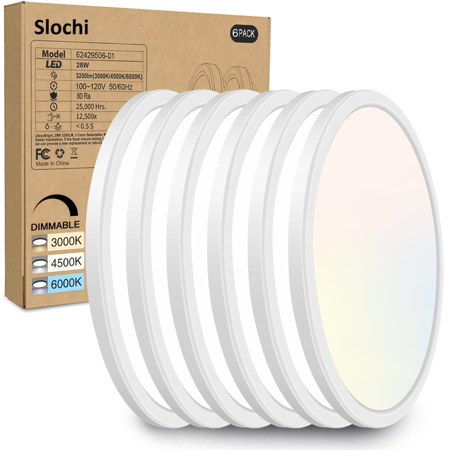 6PACK LED Flush Mount Ceiling Light Fixture, 12Inch 28W Ceiling Light, Dimmable & 3000K/4500K/6000K 3 Color Adjustable Round Ceiling Light 3200LM Low Profile Ceiling Light Fixtures for Kitchen Bedroom