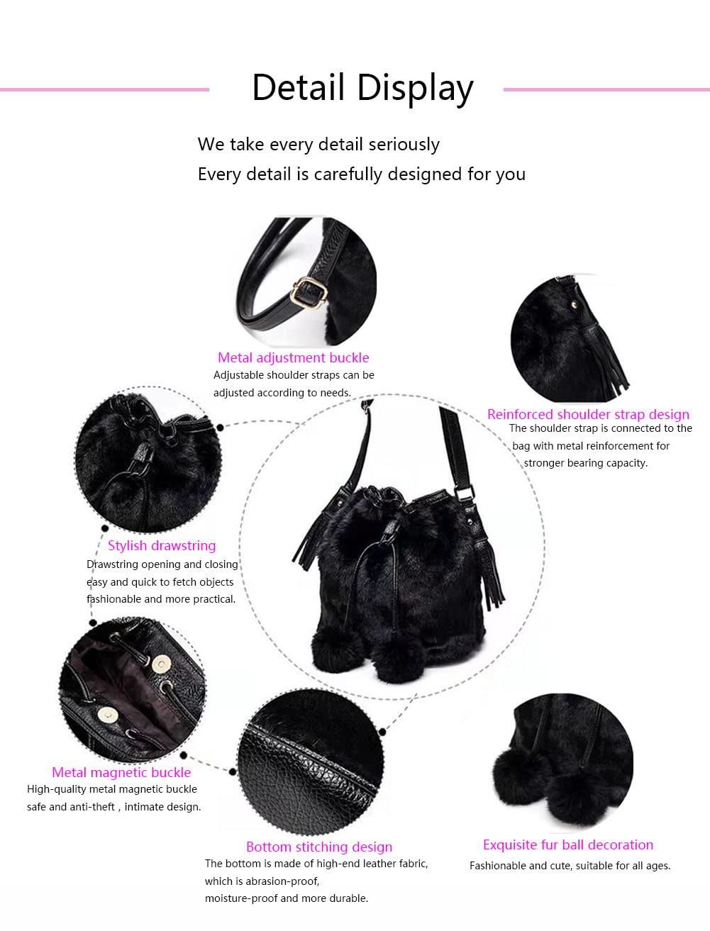 ENYIWH Women Leopard Print Faux Purse Fur Drawstring Bucket Bag Shoulder Crossbody Bag
