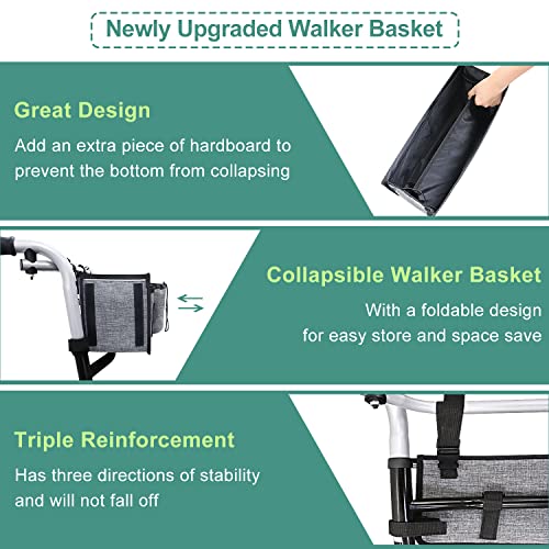 Basket for Walker, Ravmix Walker Accessories Bag with Cup Holder, Walker Basket for Folding Walker Hands-Free Storage Bag with Big Capacity & Never Tipping Over, Space Gray