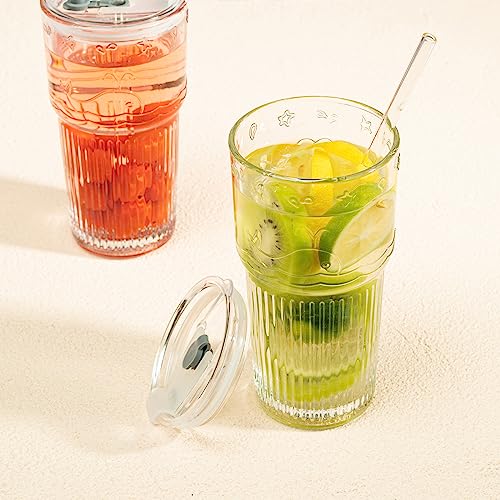 BLUEPOLAR 20oz/600ml Glass Cups With Lids and Glass Straws ,Thick Wall Iced Coffee Cup Glass Cup for Water, Iced Tea Fruit Juice Etc(Clear,2 Pack)