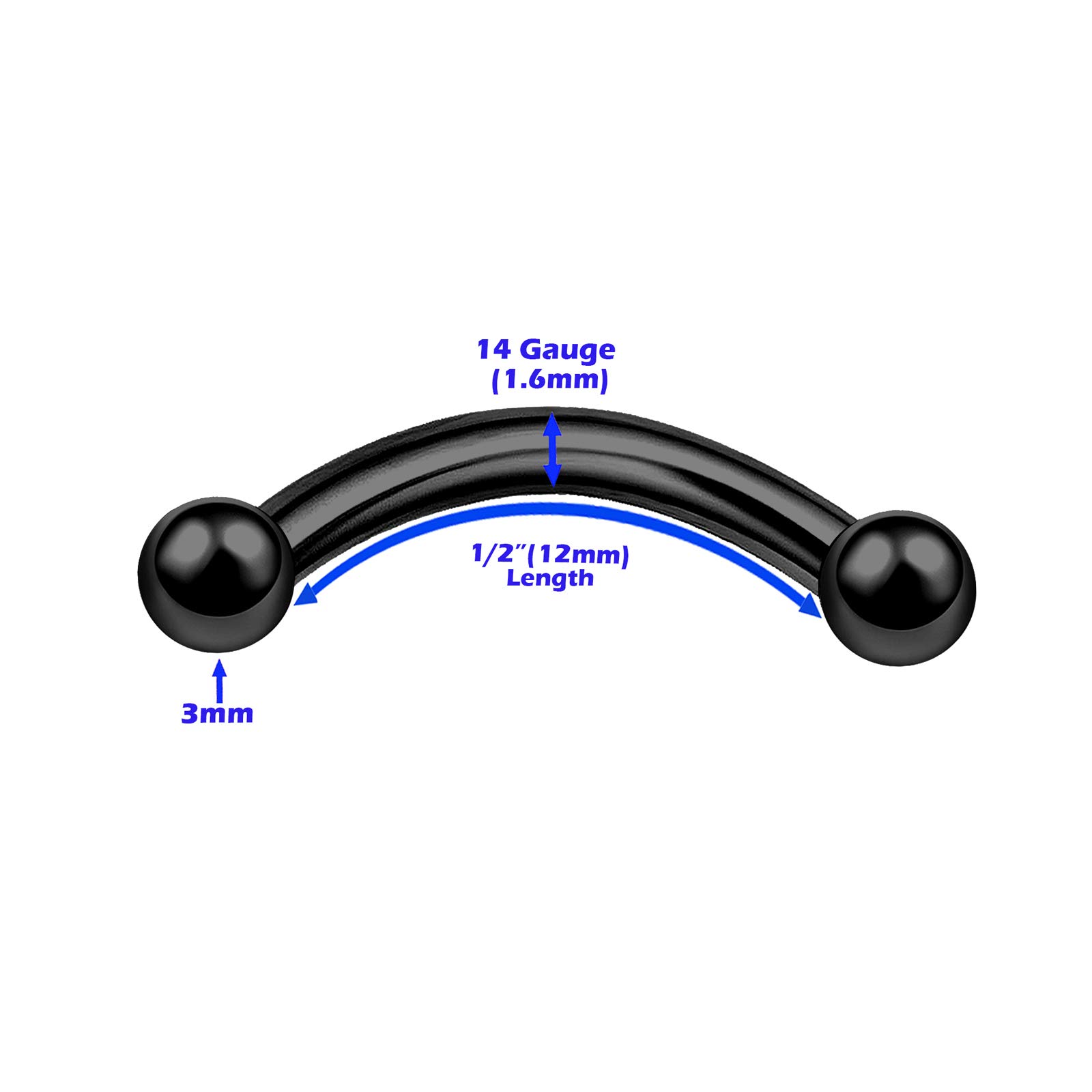 4Pcs Black Anodized 16g 5/16 8mm horseshoe barbell curved Piercing Jewelry Nose Rook Cartilage Eyebrow Daith 3mm Ball M6707