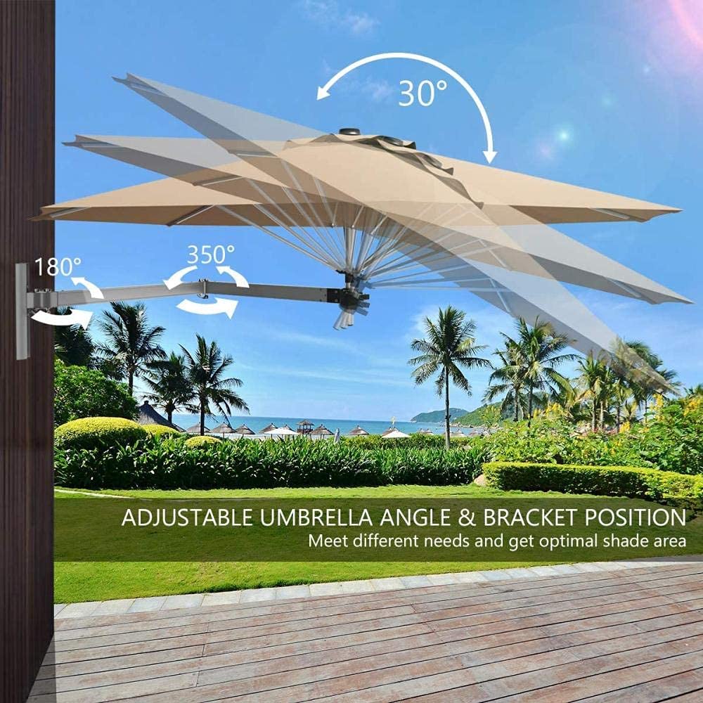 8 FT Wall Mounted Patio Umbrella Outdoor Wall Umbrella with Adjustable Pole Tilting Sunshade Umbrella with Wind Vent