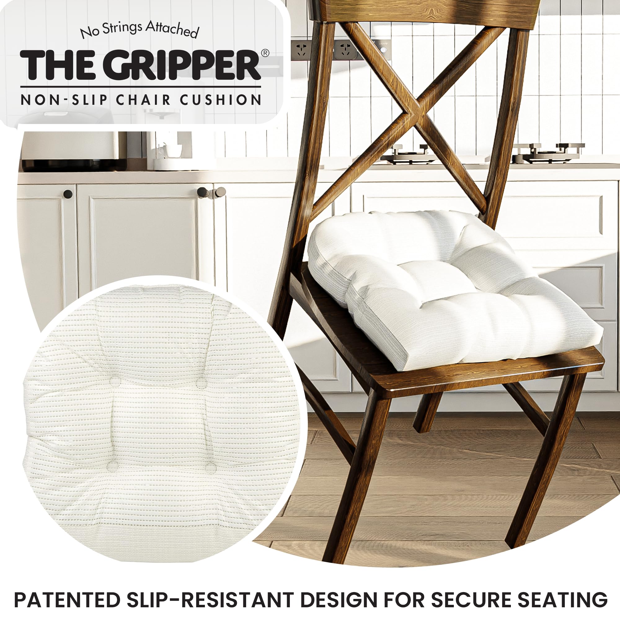 Klear Vu Gripper Overstuffed Universal Non-Slip Dining Chair Cushions for Kitchen Decor or Office Use, U-Shaped Skid-Proof Seat Pad, 17x17 Inches, 2 Count (Pack of 1), Solid Ivory