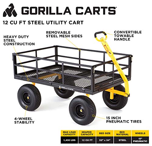Gorilla Carts GOR1400-COM Steel Utility Cart, Heavy-Duty Convertible 2-in-1 Handle and Removable Sides, 12 cu ft, 1400 lb Capacity, Black