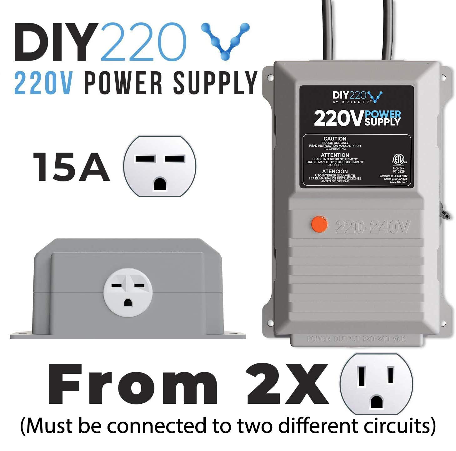 K KRIËGER DIY220 Quick Connect 220V Power Supply, Power 208-240 Volts from Two Separate 110/120V AC Circuits, 220V 15A AC Output Outlet with GFCI Outlet Circuit Tester