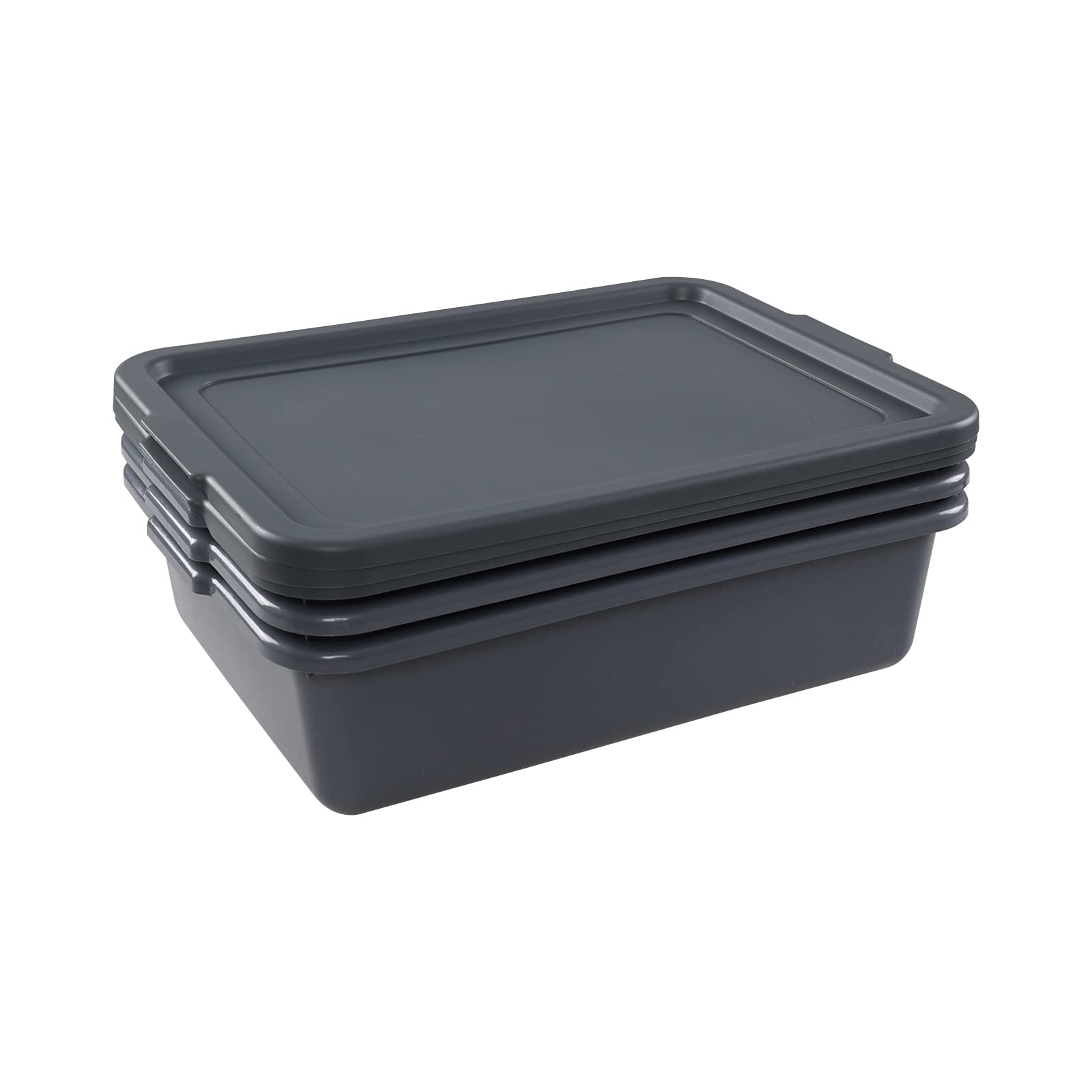 Minekkyes 3-Pack Plastic Commercial Tote Box, Bus Tubs/Bus Box with Lid, Grey