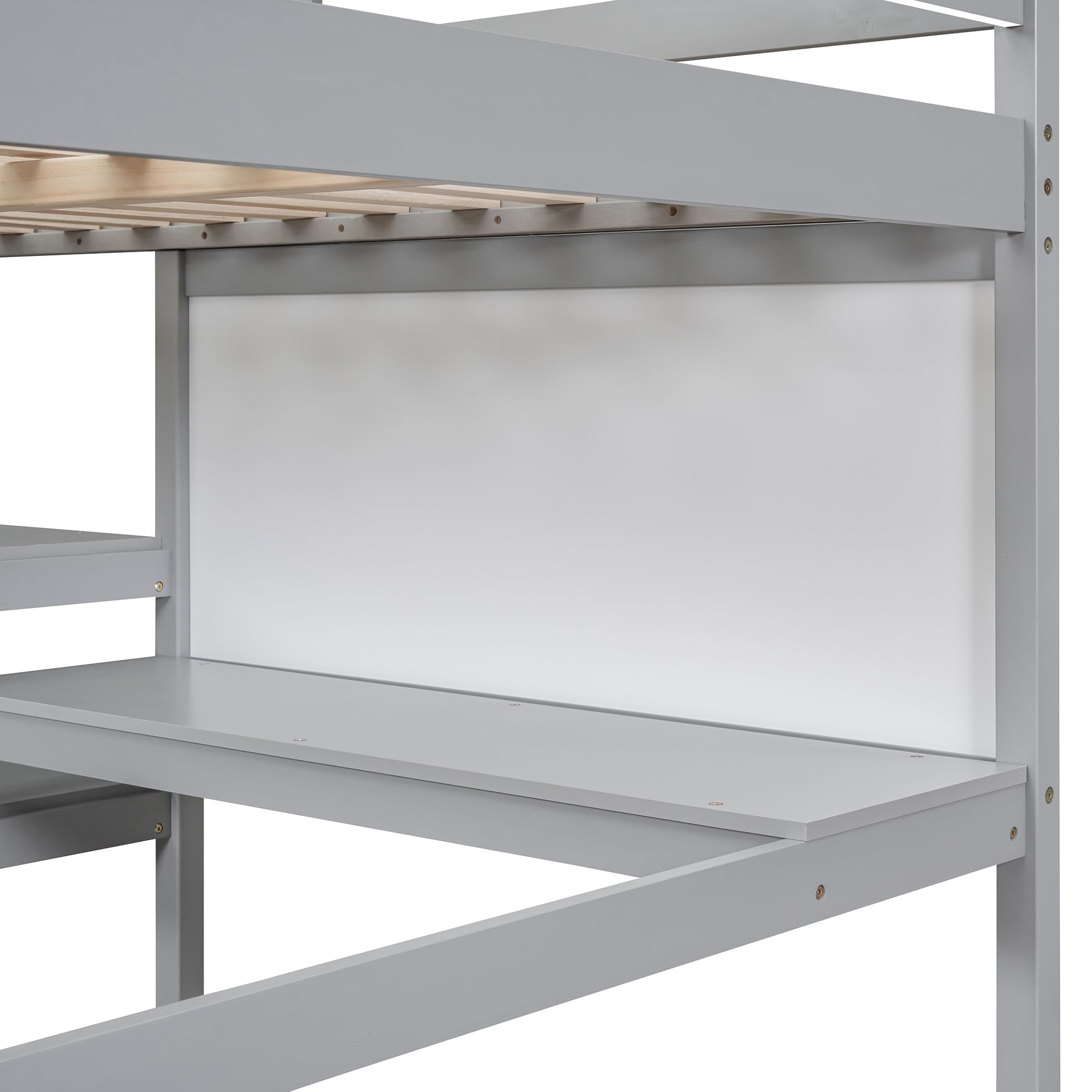 BIADNBZ Full Size Loft Bed with Desk, Shelves and White Writing Board, Wooden High LoftBed Frame, for Kids Teens Bedroom, Gray