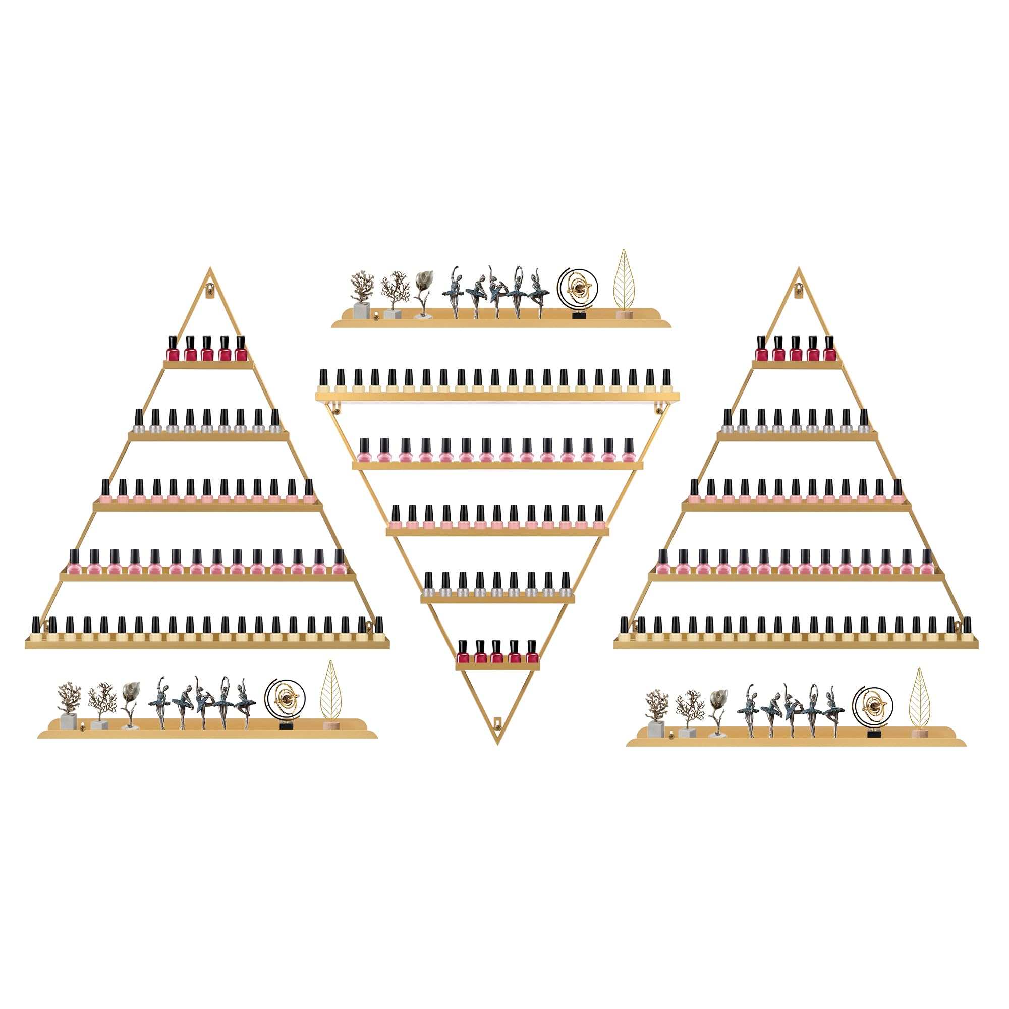 6PCS Metal Wall-mounted Nail Polish Display Rack,5 Tiers Christmas Gold Triangular Display Rack Cosmetic Display Cases Essential Oil Bottles Shelf Organizer for Home Spa Nail Salon