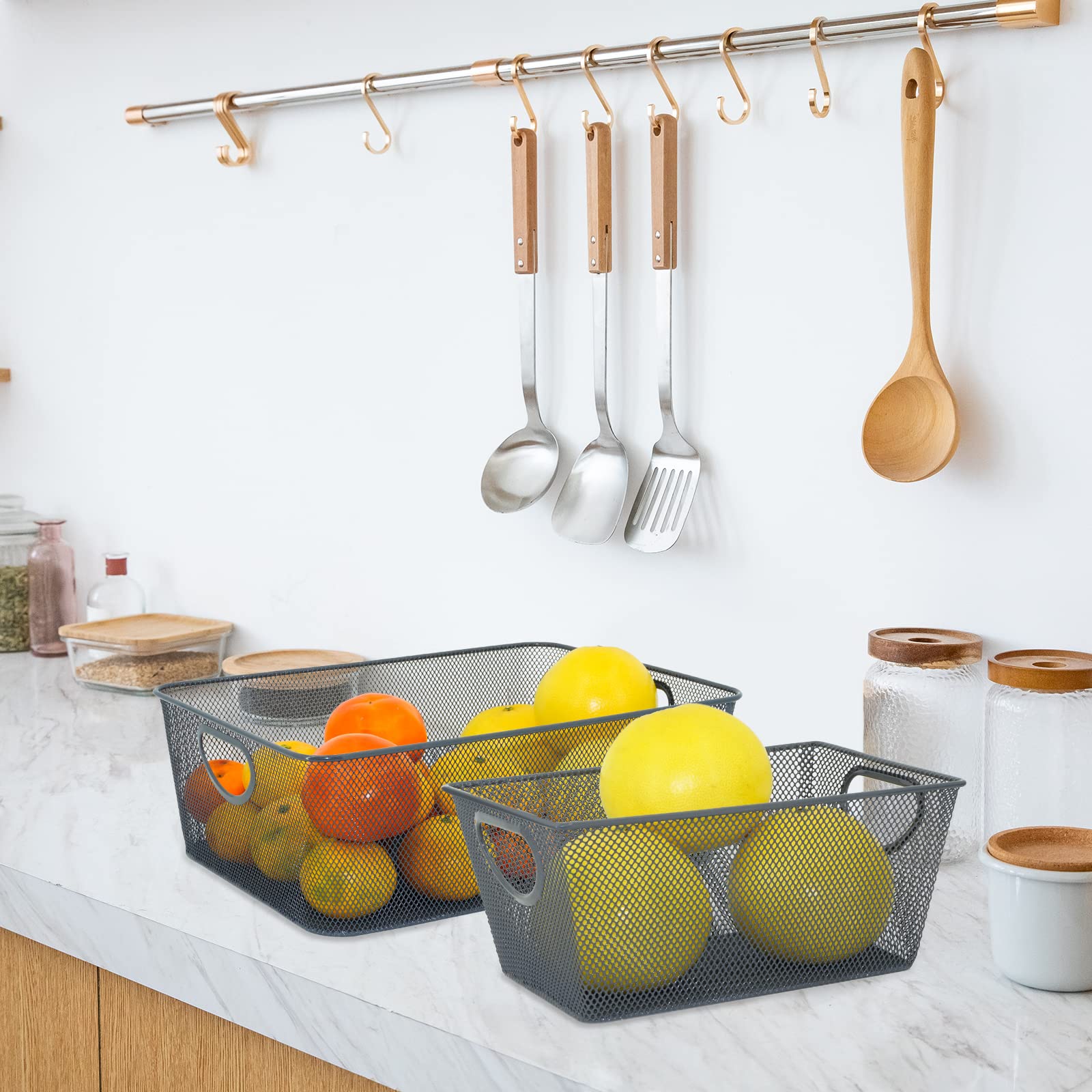 Wire Baskets for Organizing Neudeco Pantry Baskets 6 Pack Wire Storage Baskets Metal Mesh Baskets Storage Bins for Kitchen Laundry Garage Fridge Bathroom Countertop Organizer Gray