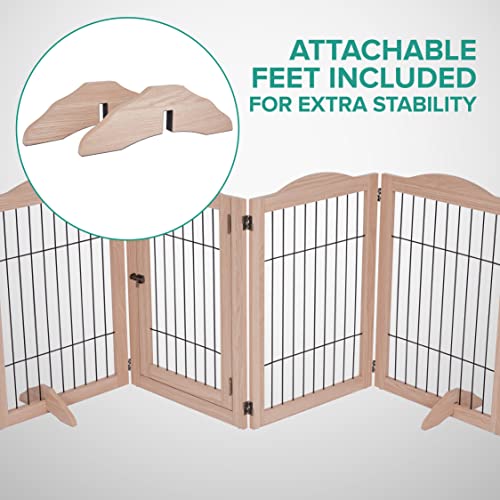 Arf Pets Freestanding Dog Gate with Door, 4 Panel 360° configurable Wooden Wire Fence, 89" Wide, 31.5" Tall, Foldable, Support Feet Included, for The House - Indoor Use
