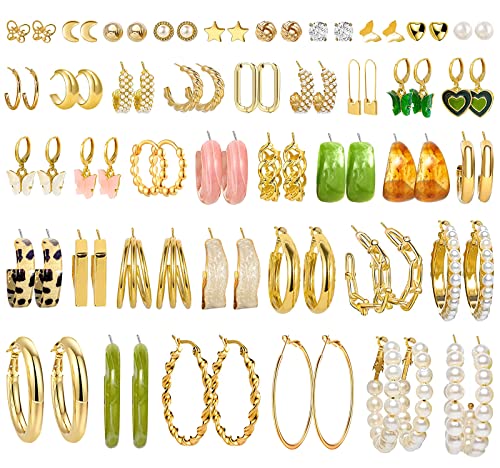 40 Pairs Gold Hoop Earrings for Women Multipack, Fashion Pearl Chain Link Stud Statement Earring Packs, Hypoallergenic Chunky Hoops Earrings for Gift