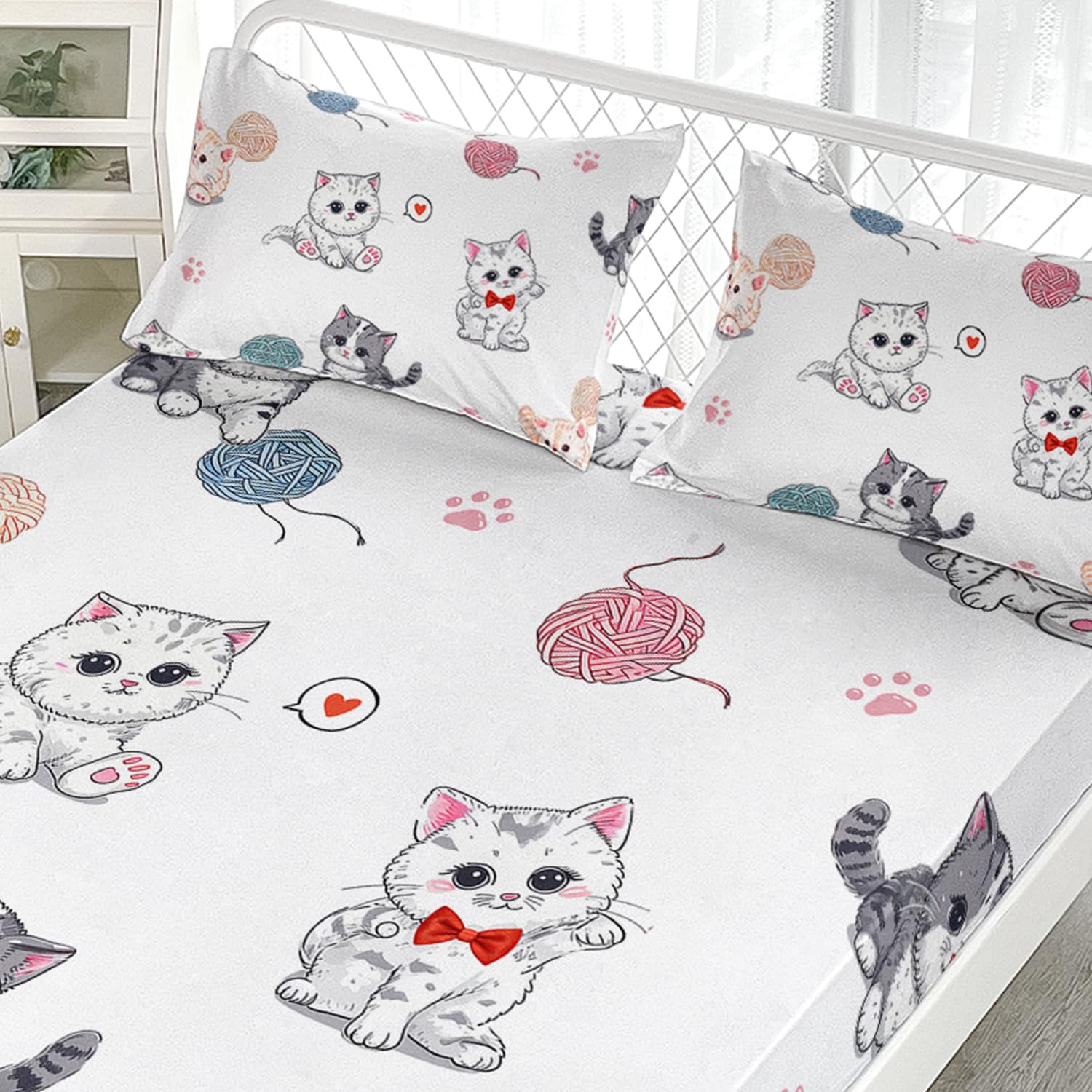 AILONEN Lovely Cartoon Cat Bed Set Kids,Cute Woolen Thread Kittens Bed Sheet Set for Girls Twin Size, Kawaii Animal Cat Lover Bedding Set,3-Piece, 1 Fitted Sheet and 2 Pillowcases,Soft Breathable