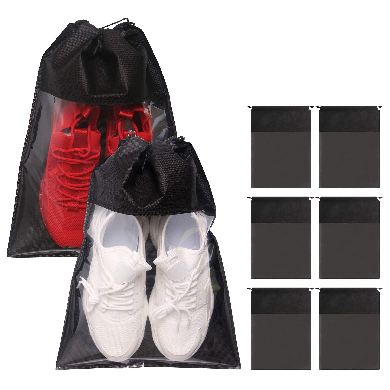 8 Pack Portable Shoe Bags for Travel Large Shoes Pouch Storage Organizer Clear Window with Drawstring for Men and Women Black