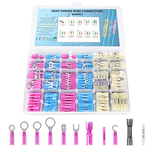 620PCS Heat Shrink Wire Connectors,Heat Shrink Butt Connector,Self-Welding Marine Waterproof and Wear-Resising Connector Terminal Insulation Ring Butt Connector