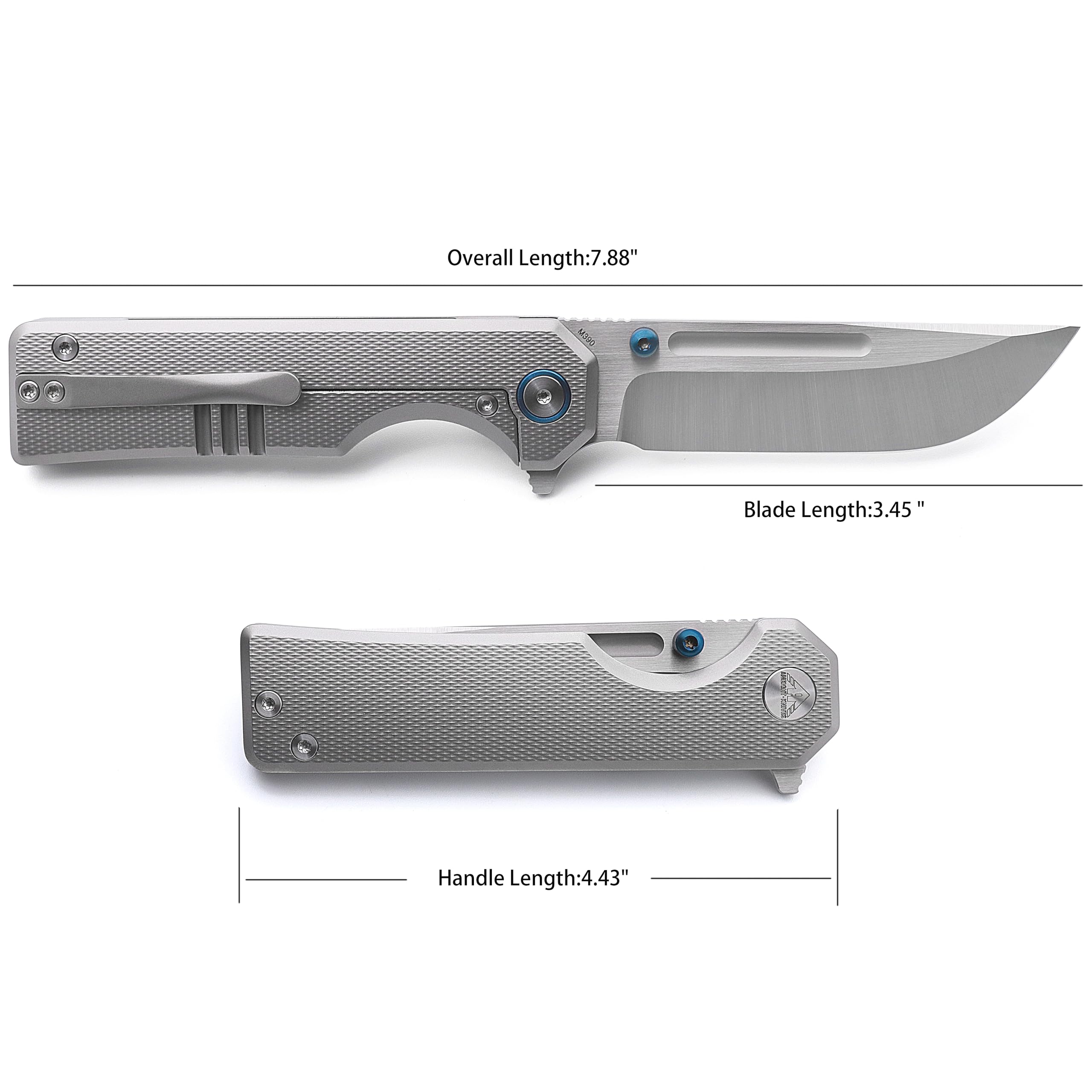Ameight Knives Glear II Flipper Folding Knife 3.45" M390 Hand Hollow Ground Rubbed Satin Blade Sandblasting Titanium Handle Camping Hiking Pocket Knife AM8-007GYII
