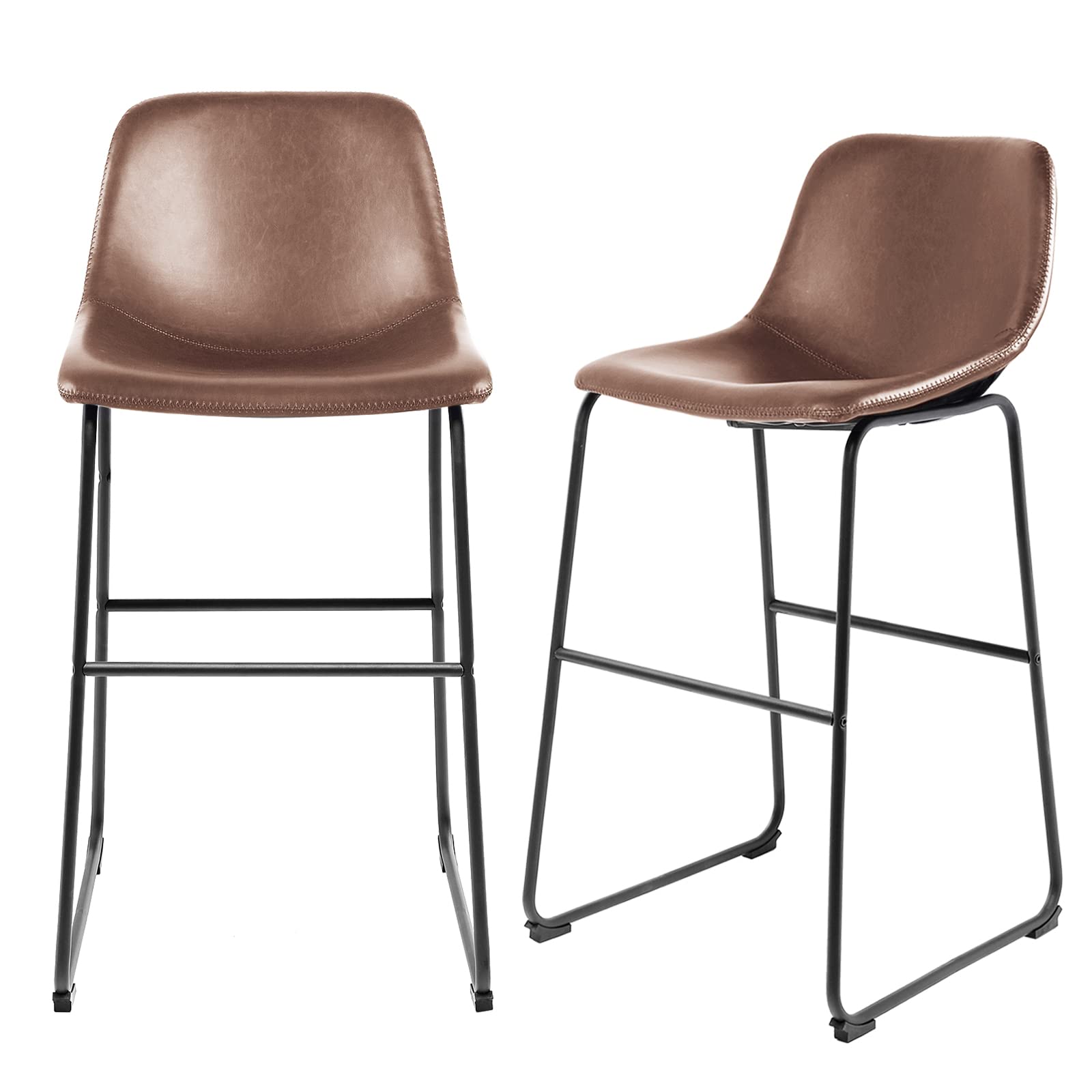 5Rcom PU Leather Bar Stools, Set of 2, Tall Bar stools with Back and Footrest, Modern Upholstered Bar Height Stools with Black Metal Legs, 30-inch Seat Height Chairs for Kitchen Home Office Pub, Brown