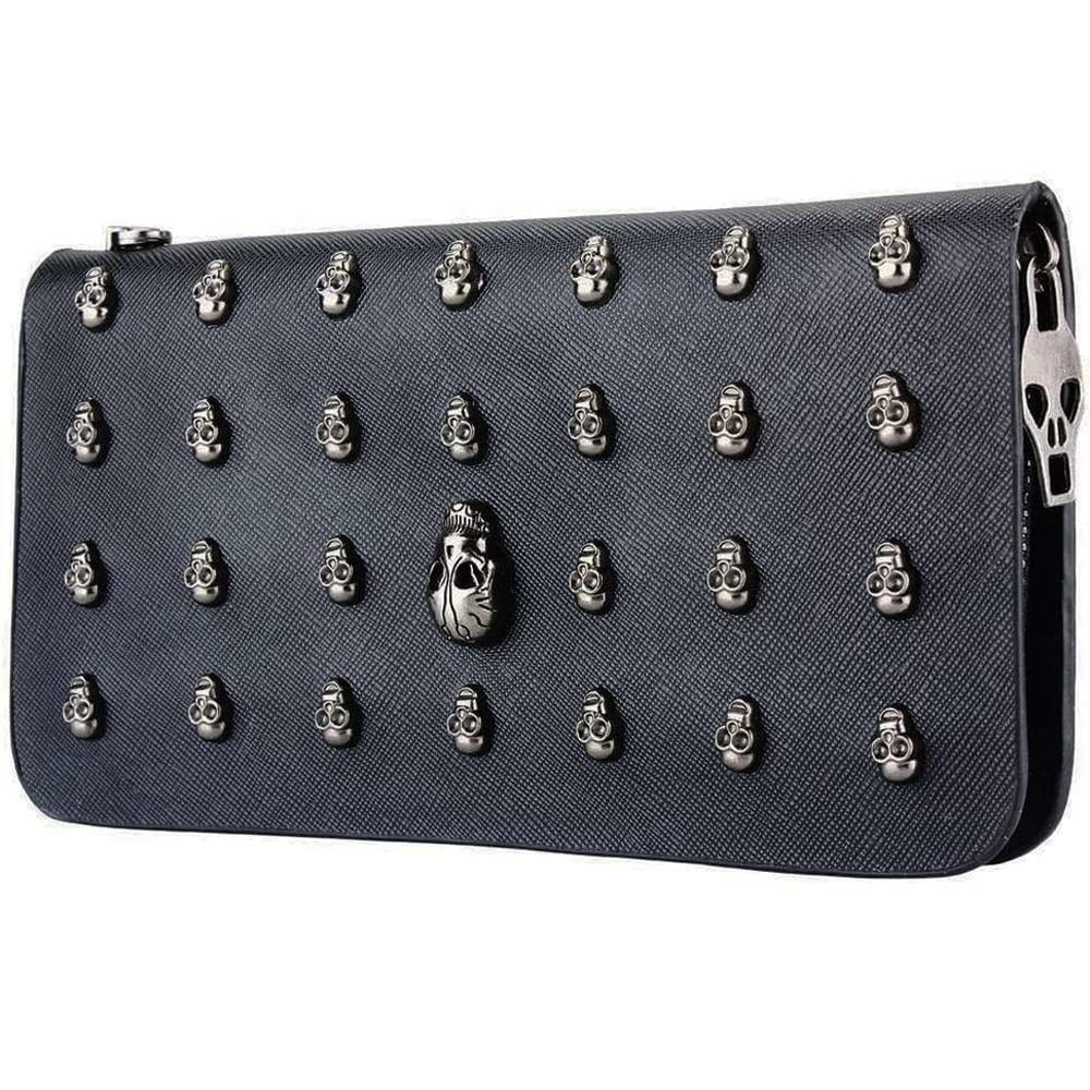 DownUpdown Skull Wallets for Women Wristlet Purses Clutch Black Zipper Purse Faux Leather Punk Gothic Cool Long Wallet Men