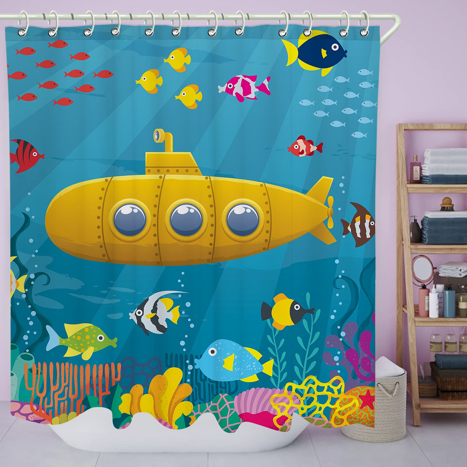 Blue Submarine Shower Curtain Sets with Rugs, Toilet Lid Cover and Bath Mat, Tropical Ocean Nautical Underwater World Bathroom Curtain Waterproof Polyester Fabric wtih Hooks 4PCS