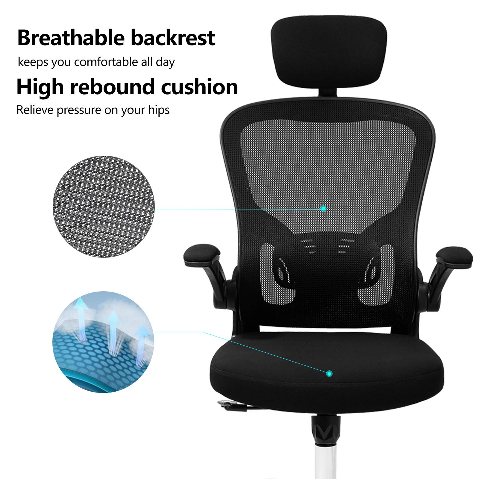 Adjustable Office Chair Ergonomic Mesh Chair High Back Computer Desk Chair with Flip-up armrest and Adjustable Headrest