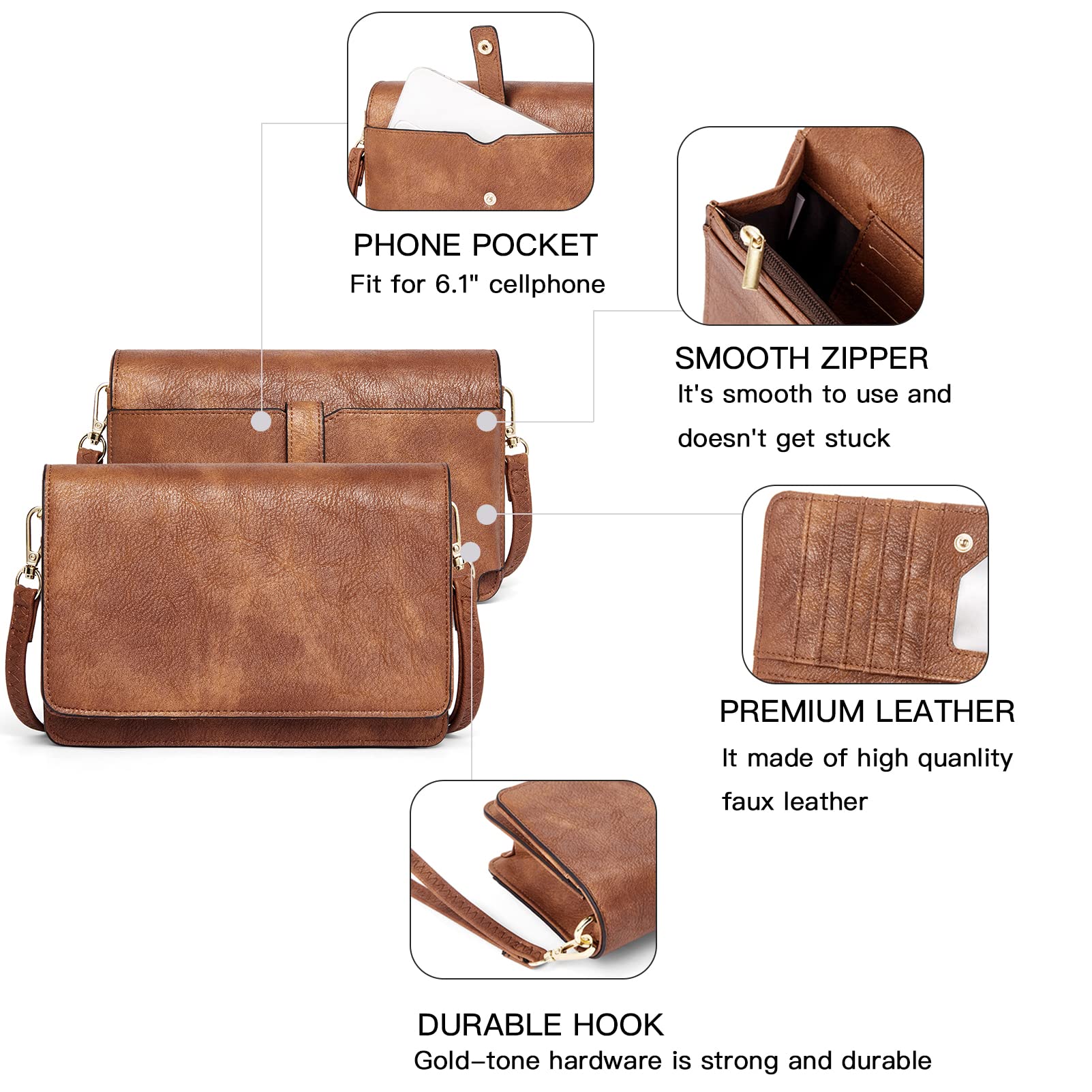 BROMEN Crossbody Bags for Women Small Cell Phone Shoulder Bag Wristlet Wallet Clutch Purse White with Mocha Brown