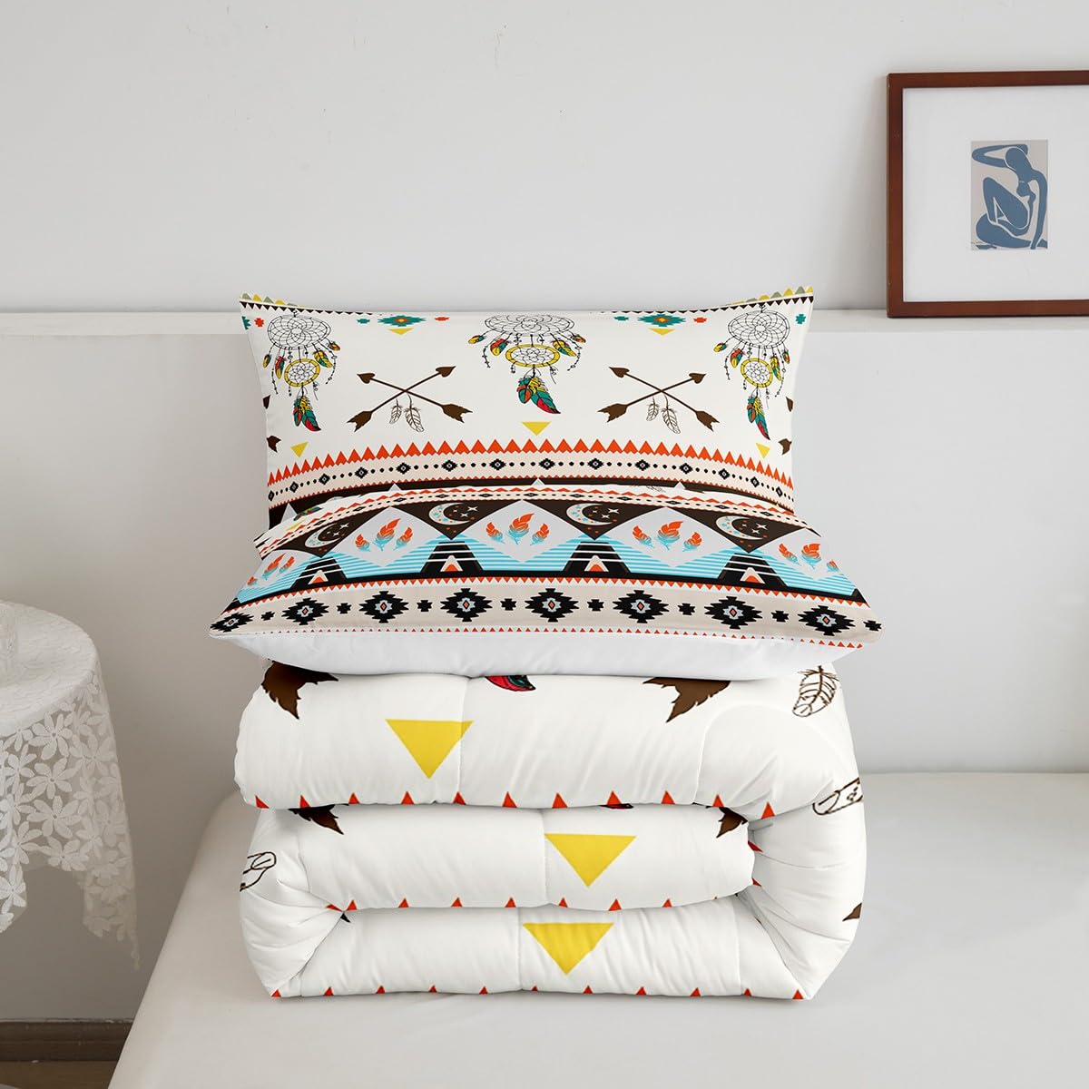 Feelyou Geometric Comforter Full Size with 2 Pillow Cases Dreamcatcher Decor Comforter Set Aztec Geometric Bedding Set Modern Art Quilted Duvet Set for Boys Girls Kids Adults